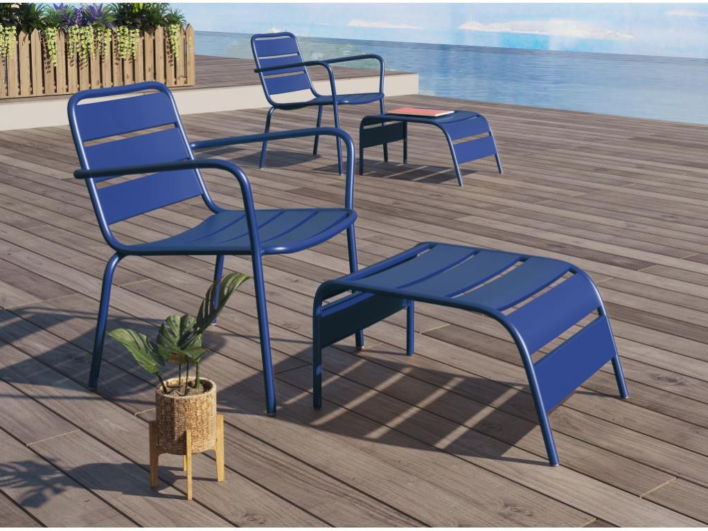 Fauteuil bas de jardin empilable + repose pied en métal - Bleu nuit ...