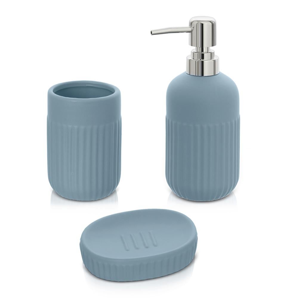 Accessori bagno da appoggio in set 3 pezzi in ceramica colore turchese ...