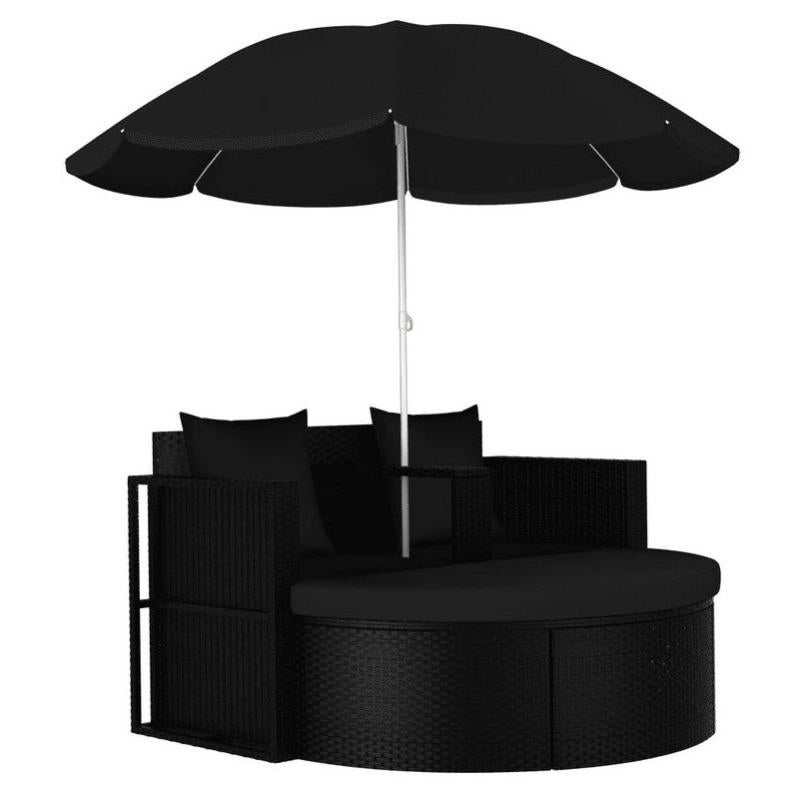 Lit de jardin avec parasol tissu et résine tressée noire Uvo | Leroy Merlin