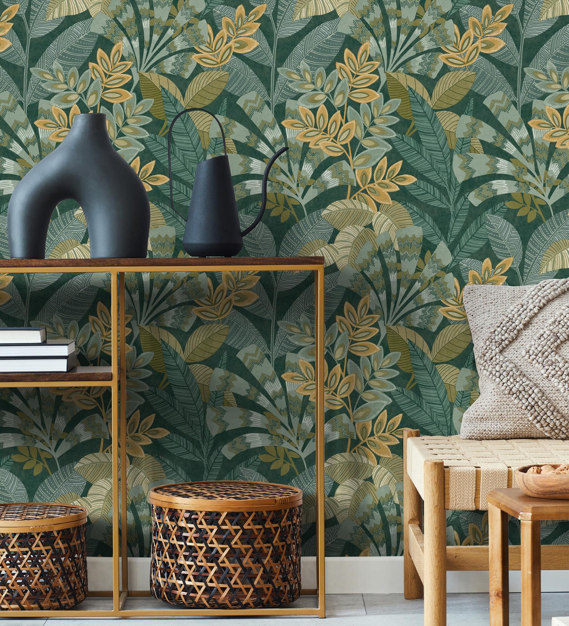 Muestra DIN A4 de Papel pintado vinílico de hojas étnicas fondo verde ...