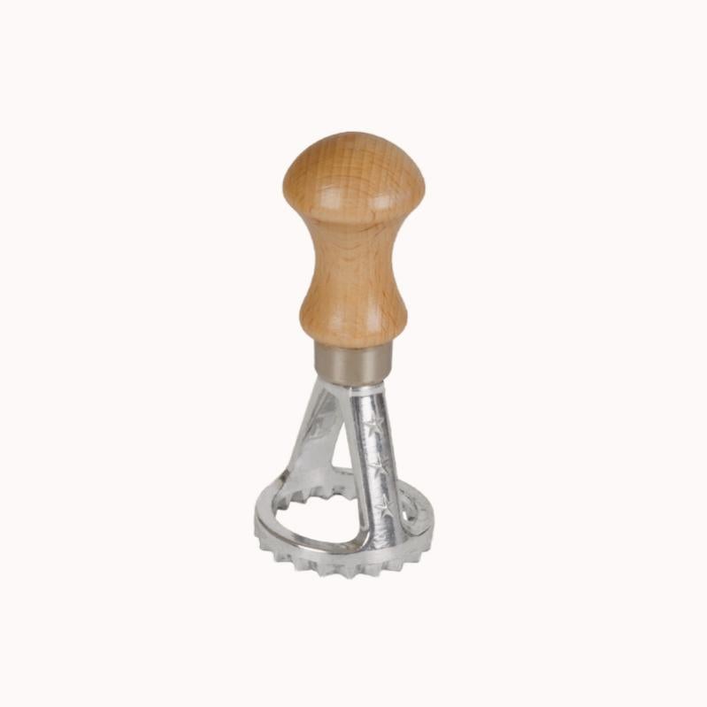 STAMPO RAVIOLI TONDO IN ALLUMINIO LUCIDO E LEGNO STAMP 3,2 cm h. 8,5 ...