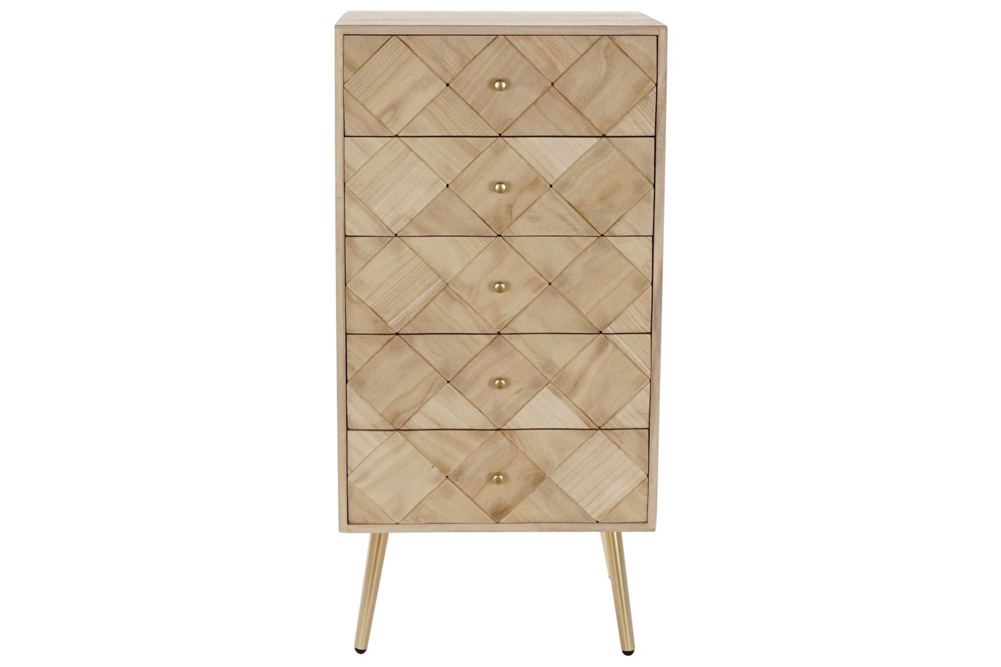 Commode en bois Paulownia avec 5 tiroirs - Largeur 45 x Hauteur 93 x ...