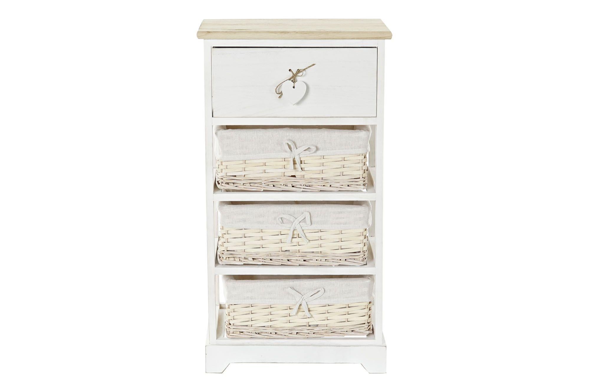Commode en bois Paulownia blanc avec 1 tiroirs et 3 paniers en osier ...