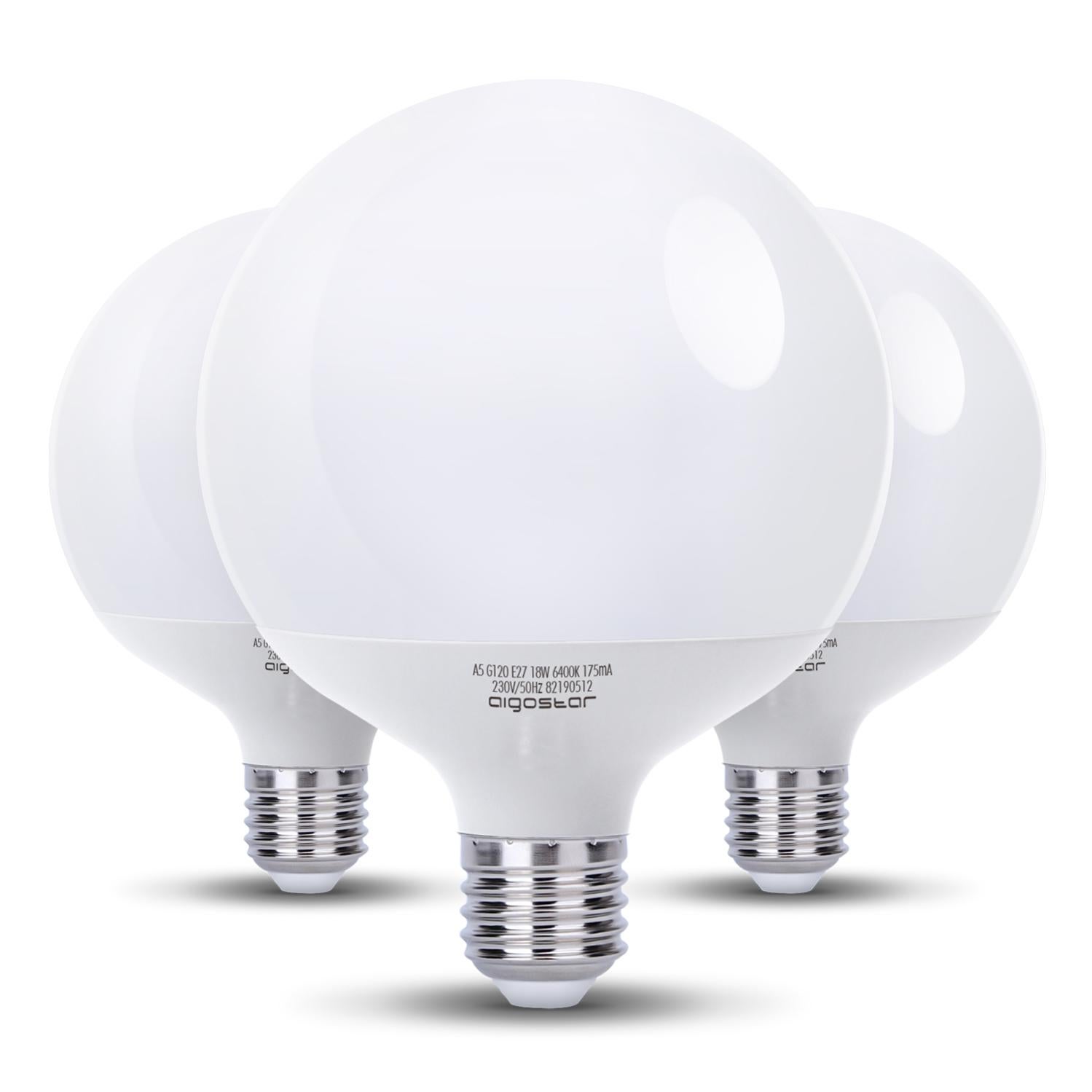 Bombilla LED E27 G120 Globo 18W, 6400K, 3 Unidades, Aigostar | Leroy Merlin