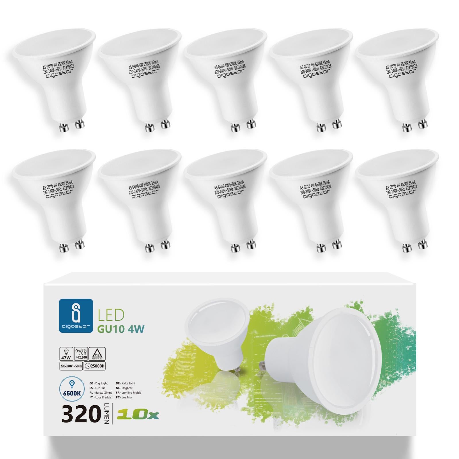 Bombilla LED 4W GU10, 6500K, 320lm, Caja de 10 unidades, Aigostar ...
