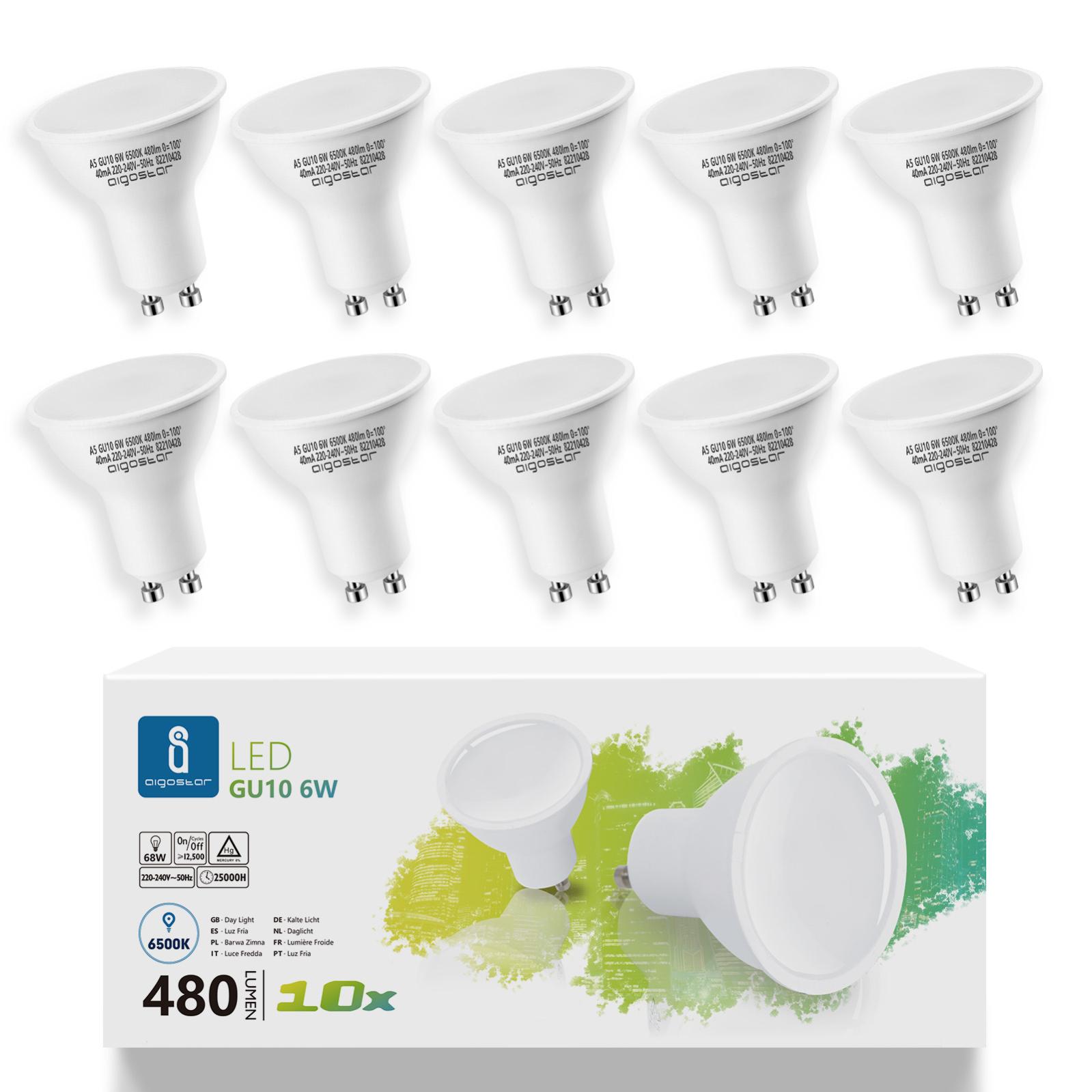 Bombilla LED 6W GU10, 6500K, 480lm, Caja de 10 unidades, Aigostar | Leroy Merlin