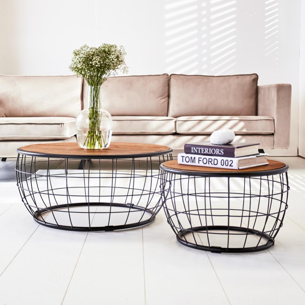 Mace Table Basse Industrielle Ø77 / 52 cm - Bois Massif Set De 2 ...