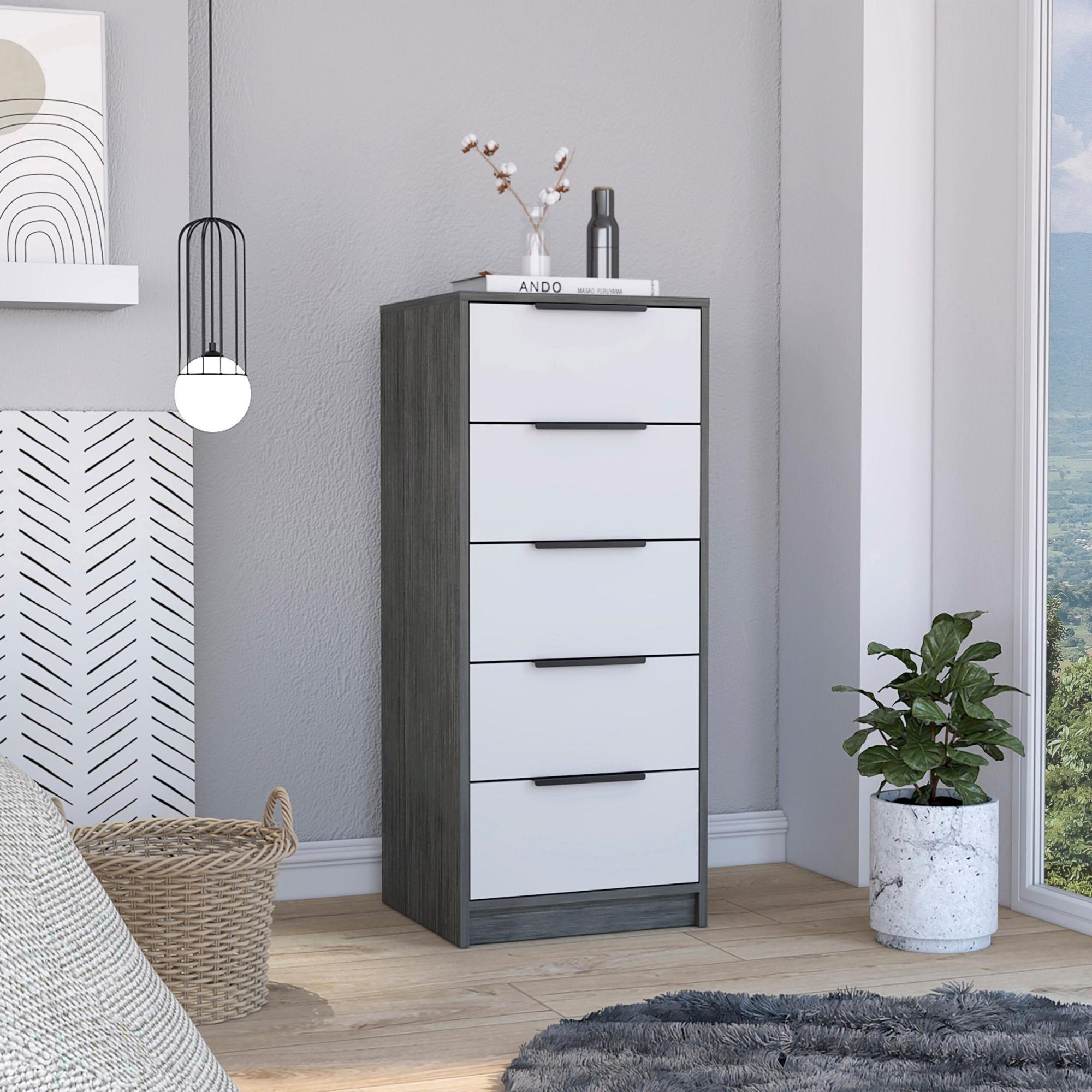 Commode 5 tiroirs Kassel - Chêne gris et blanc 107.8 CM A X 45 CM An X ...