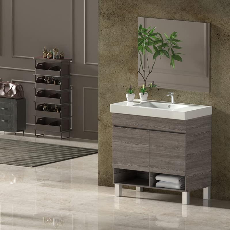 Set da bagno NEBARI com gambe Include mobile, lavabo e specchio Rovere ...