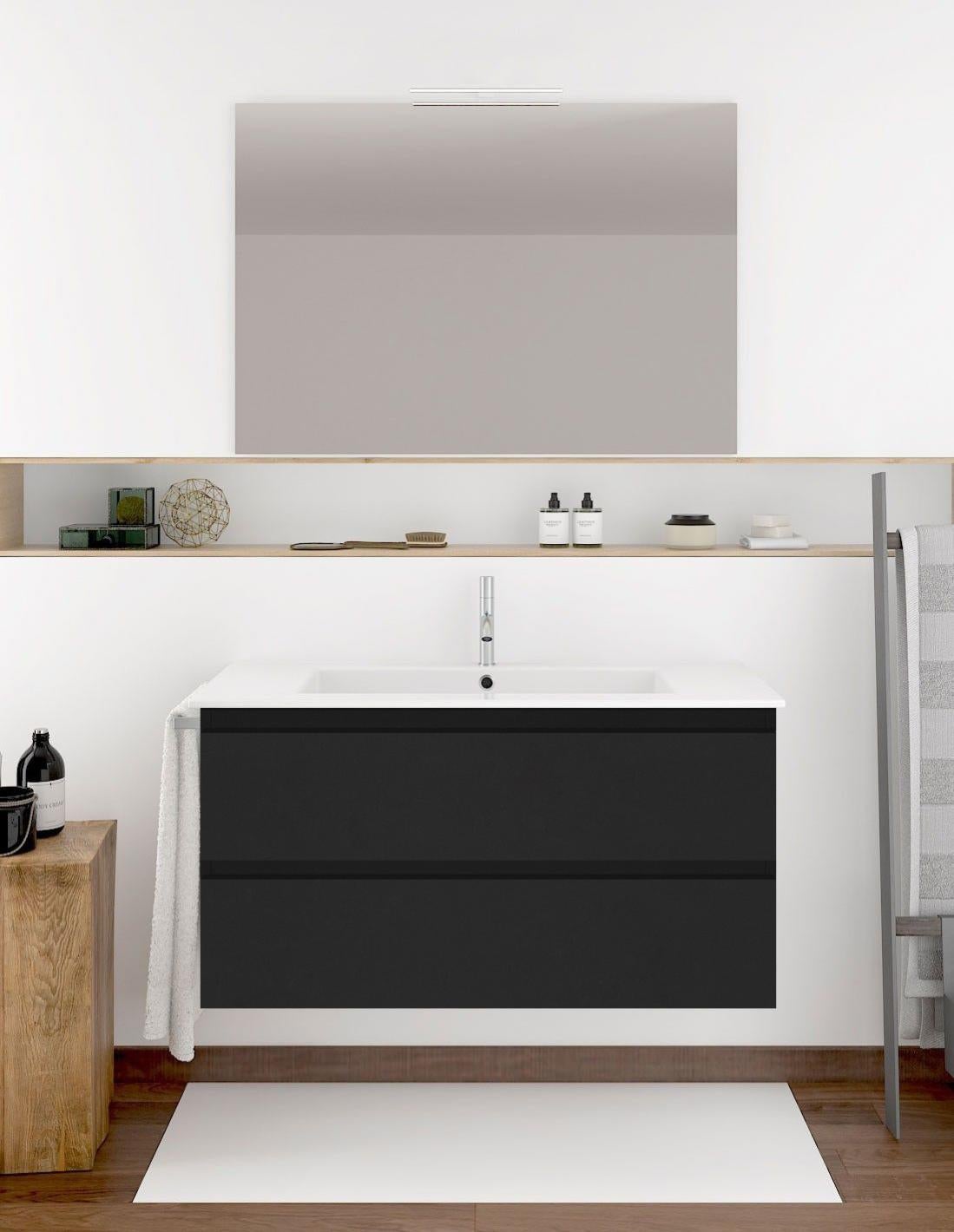 Meuble de salle de bain Ibiza avec 2 tiroirs Avec lavabo et miroir - Graphite 80x40Cm Lavabo ...