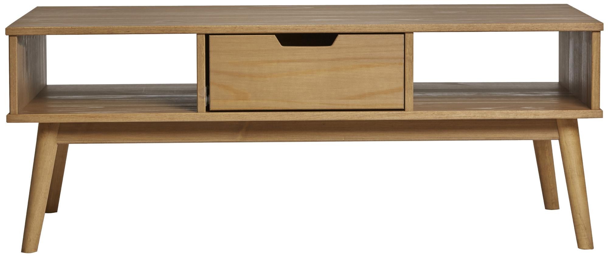 Table basse en pin massif naturel avec deux compartiments et un tiroir - Longueur 110 x ...