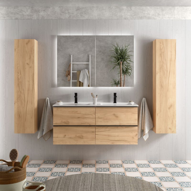 Meuble salle de bain - 120 CM - Plan double vasques céramique - Effet ... Meuble salle de bain - 120 CM - Plan double vasques céramique - Effet ...