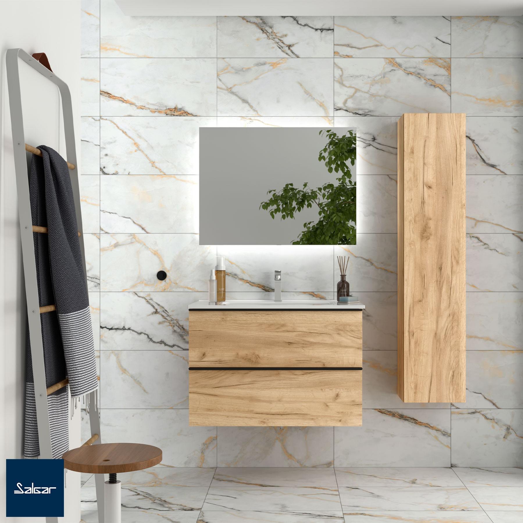 Mueble de baño Nabua 80 cm Roble con tirador de pestaña | Lavabo de ...