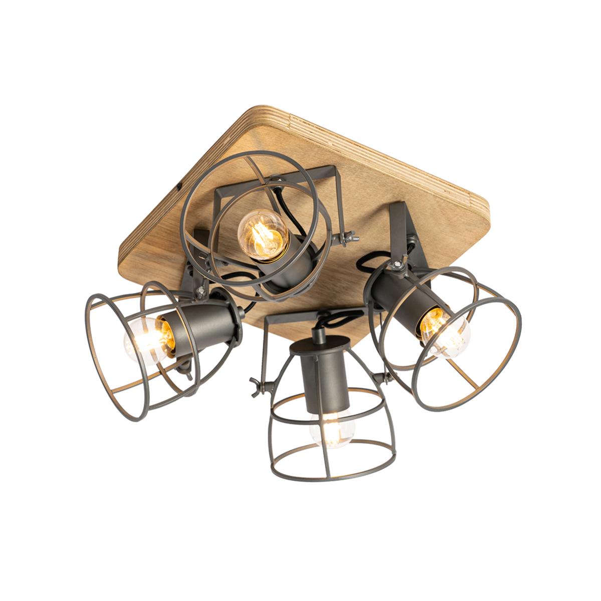 Faretto industriale nero con legno orientabile a 4 luci - Arthur ...