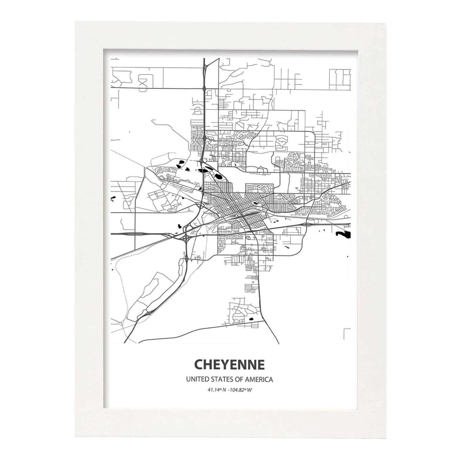 Cheyenne Map Affiche - Usa. Fiches Des Villes Des États-unis Avec Des ...
