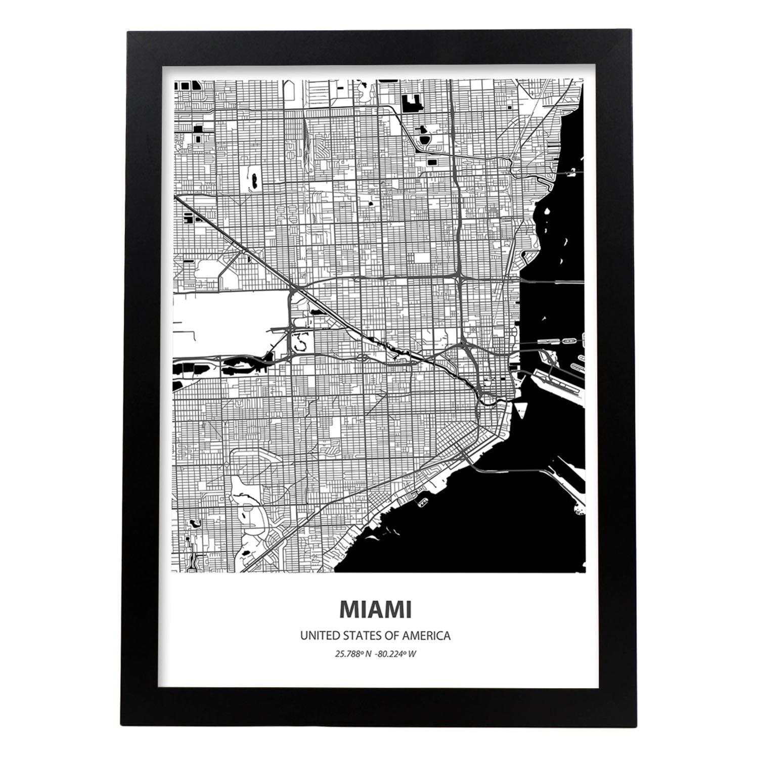 Affiche De Miami Map - Usa. Fiches Des Villes Des États-unis Avec Des ...