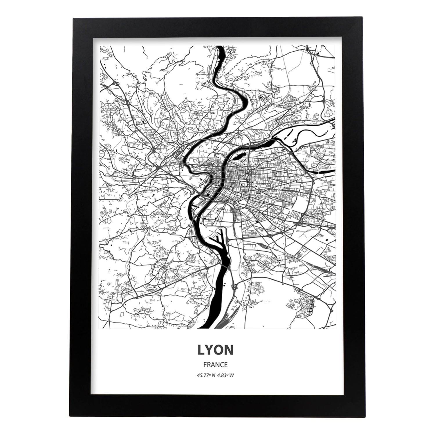 Affiche De La Carte Lyon - France. Freets De France Avec Des Mers Et ...