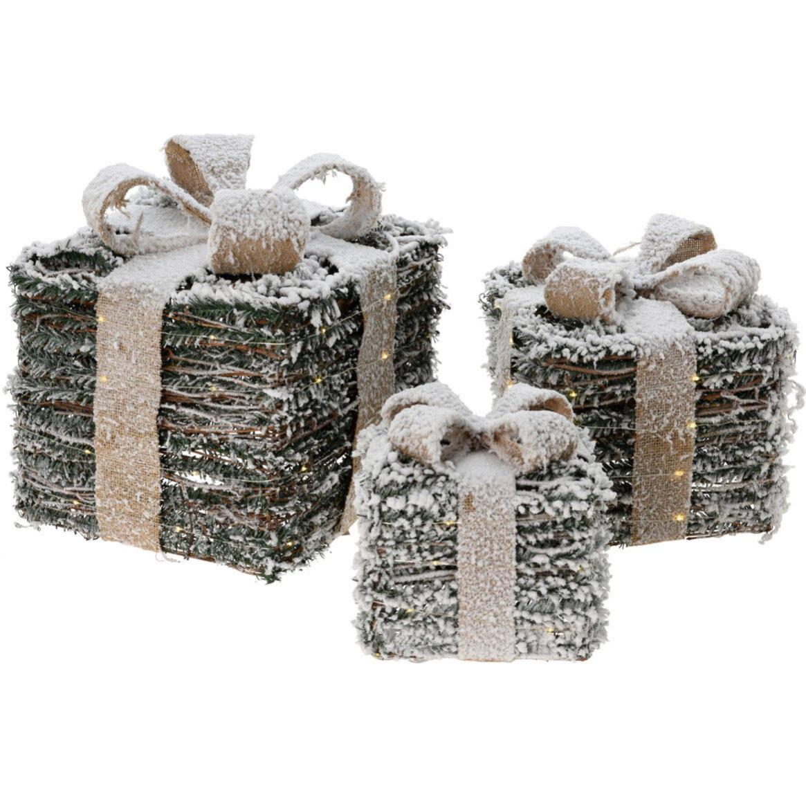 Set 3 Scatole regalo natalizie effetto innevato LED bianco caldo da 15/20/25 cm | Leroy Merlin