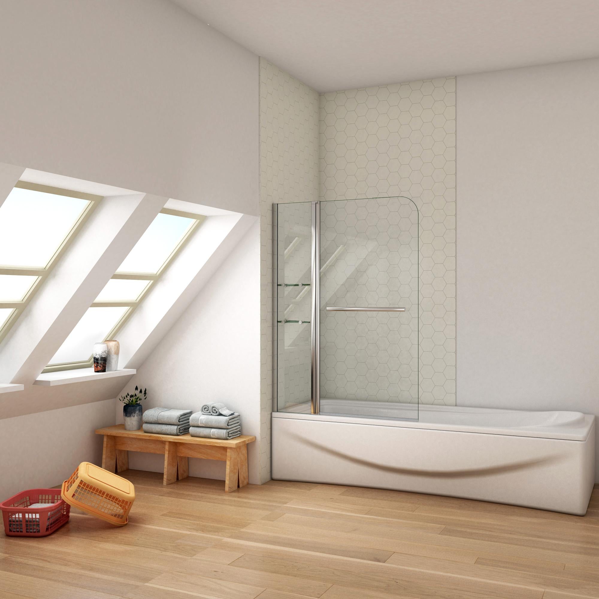 Mampara de bañera plegable 2 hojas con un toallero y dos estantes, 6mm ...