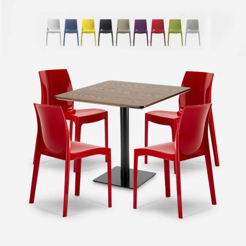 Set tavolino legno metallo Horeca 90x90cm 4 sedie impilabili bar ...