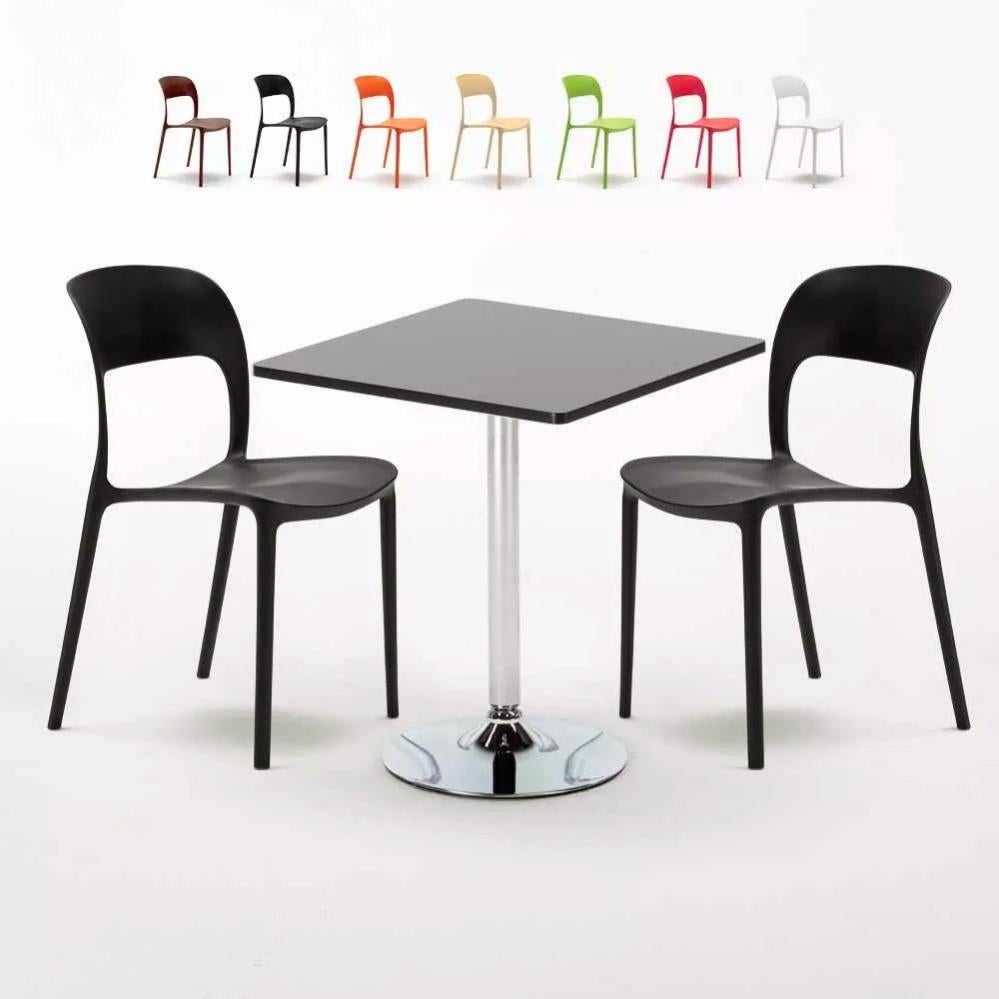 Table carrée noire 70x70cm avec 2 chaises colorées intérieur bar café ...