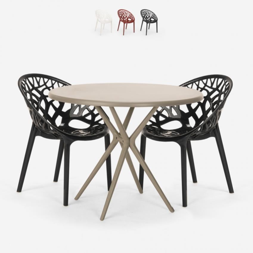 Ensemble table ronde beige 80 cm et 2 chaises design moderne Maze ...