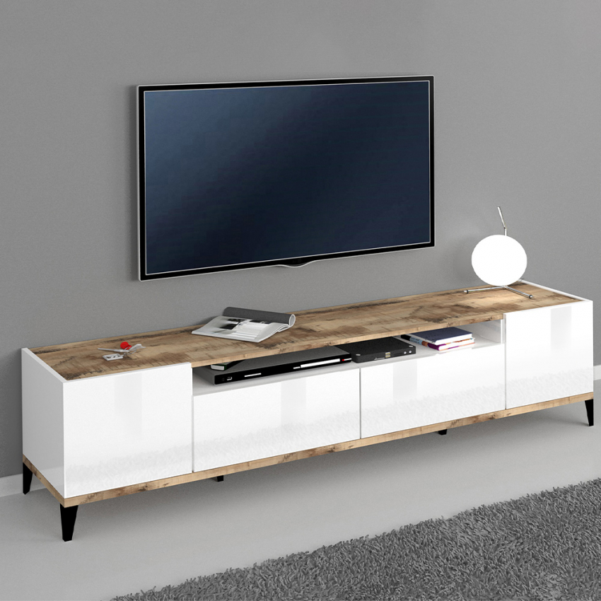 Mobile porta TV moderno vano cassetto 200x40 cm bianco lucido legno ...