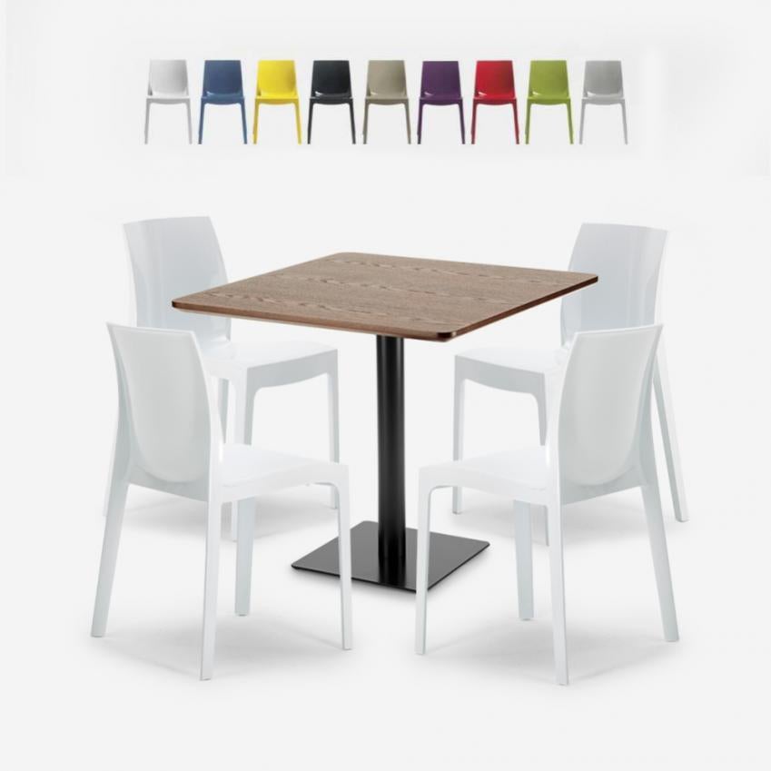 Set tavolino legno metallo Horeca 90x90cm 4 sedie impilabili bar ...