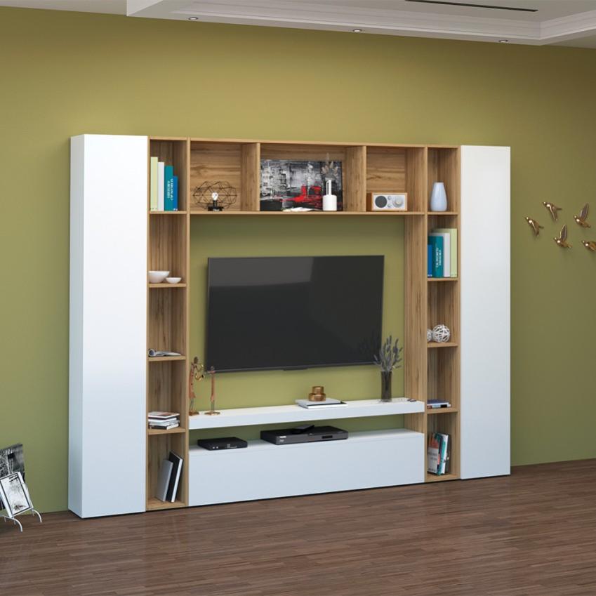 Parete Attrezzata Bianca Legno Mobile Porta Tv Armadi Libreria Arkel Wh