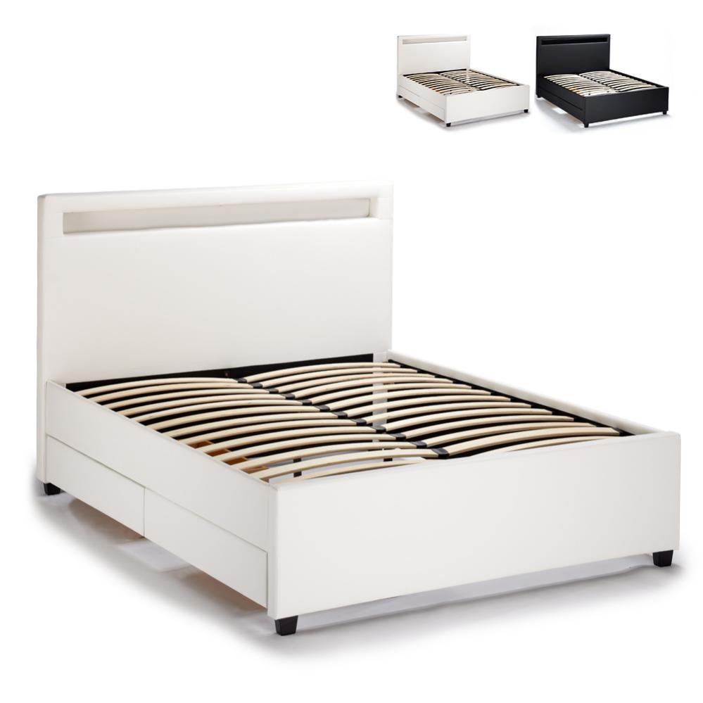Letto francese 1 piazza e mezza con rete testiera moderno led cassetti ...