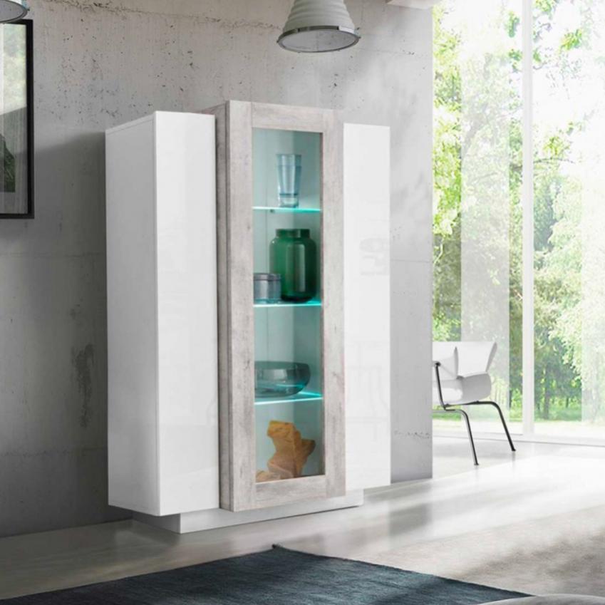 Vaisselier vitrine de salon moderne 120 cm design Blanc Brillant Gris ...