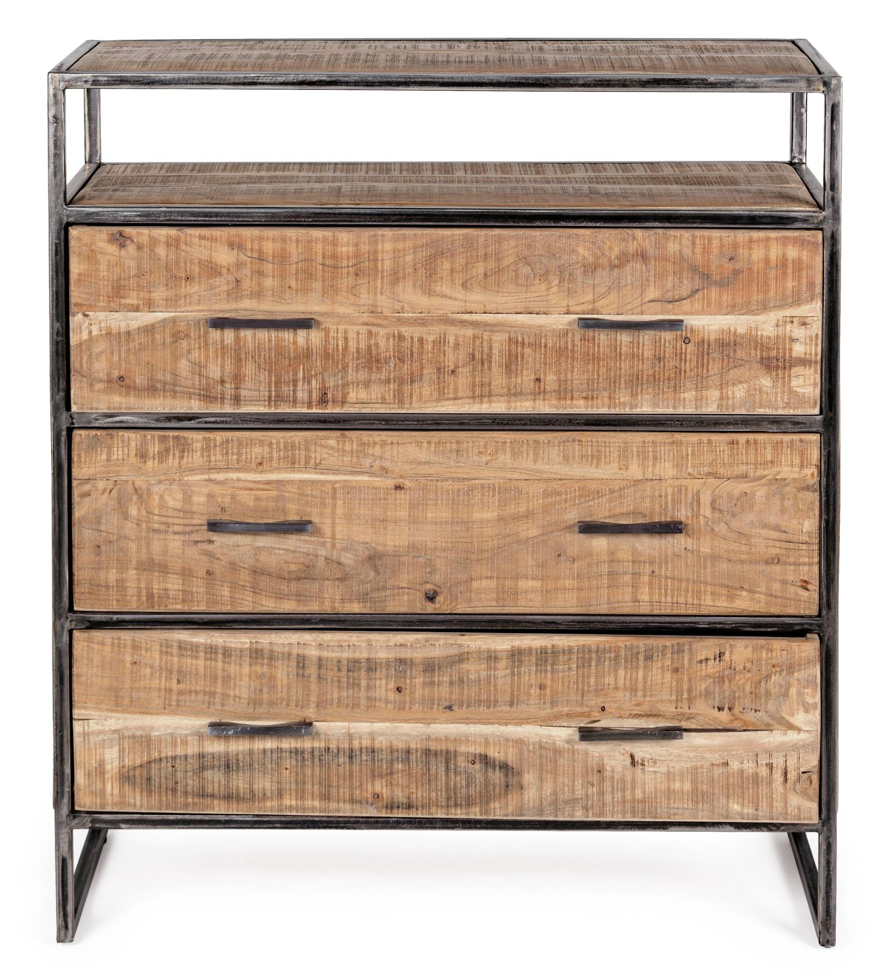 Commode 3 tiroirs bois d'acacia clair et acier vieilli Kadone 90 cm ...