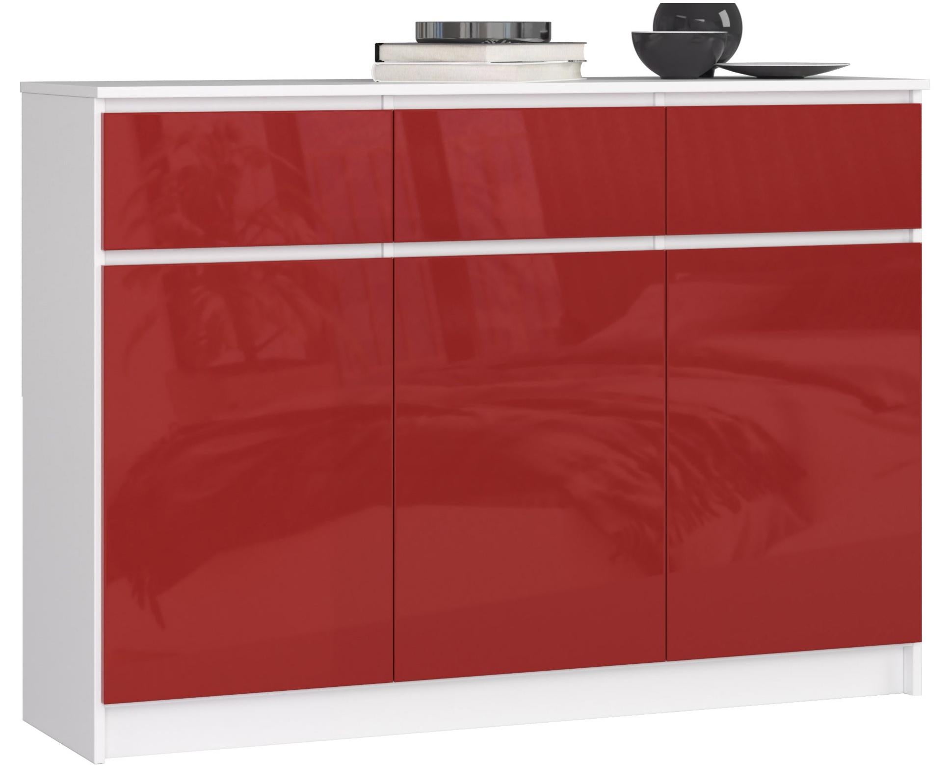 Commode AKORD K140 Blanche 138 cm 3 portes 3 tiroirs façade Rouge ...