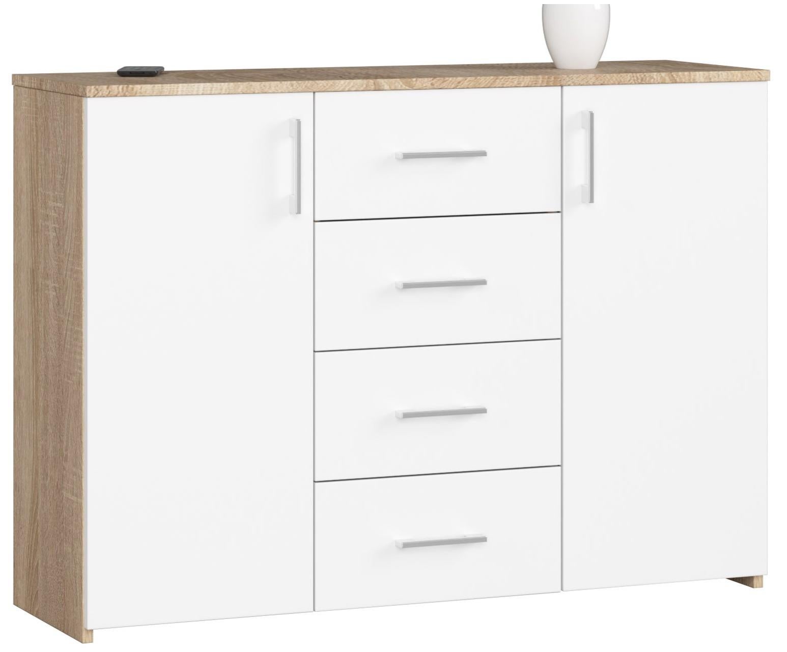 Commode AKORD K45 Chêne Sonoma 110 cm 2 portes 4 tiroirs façade Blanche ...