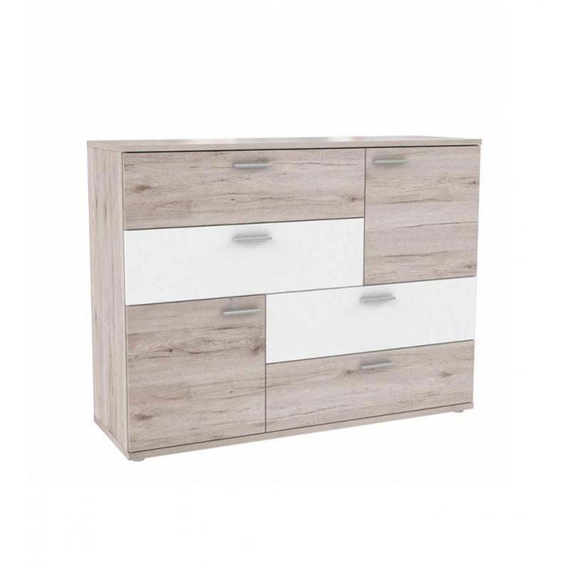 Commode 2 portes 4 tiroirs décor chêne cendré blanc - DEST | Leroy Merlin