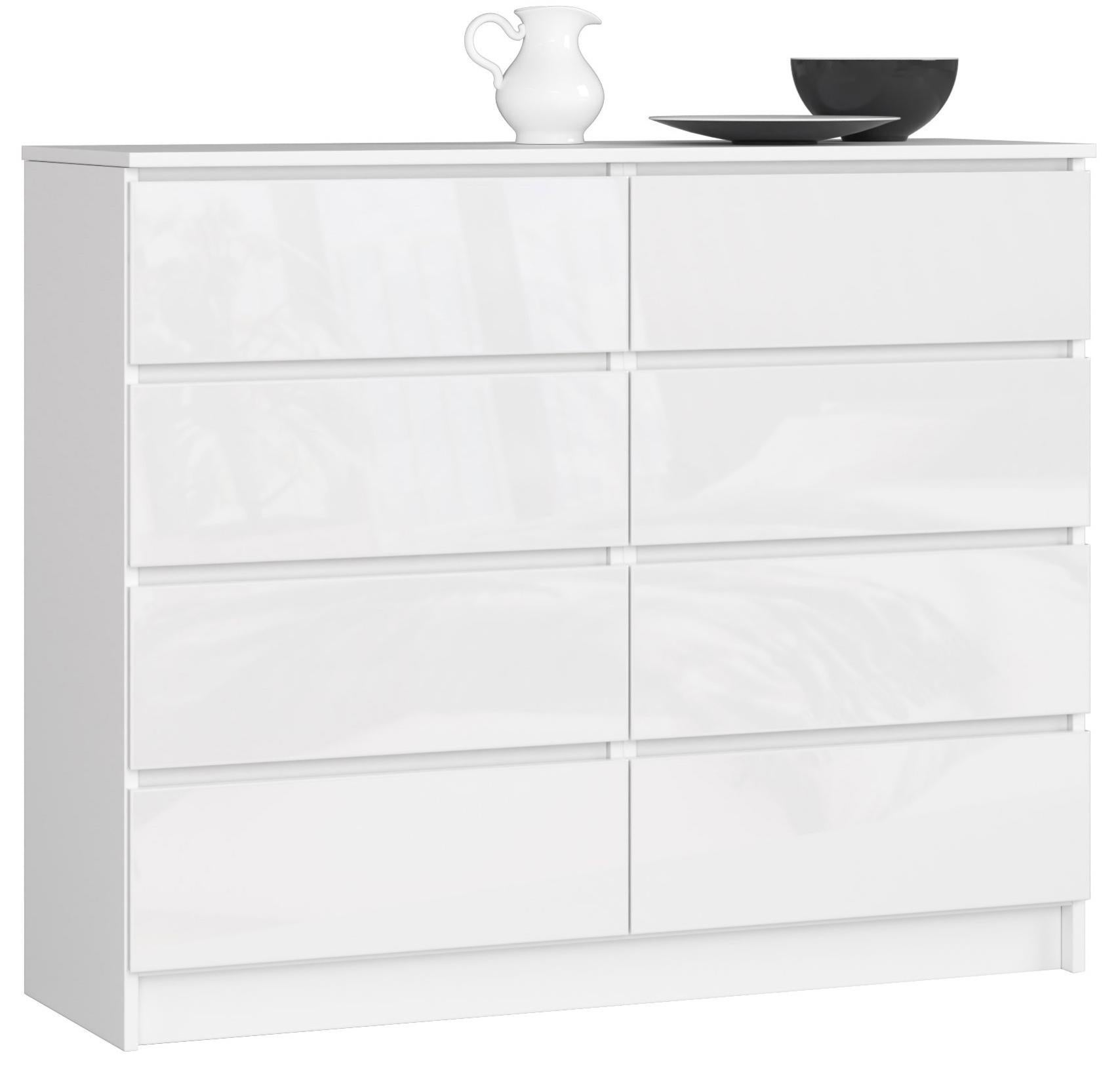 Commode AKORD K120 Blanche 120 cm 8 tiroirs façade Blanche Brillante ...