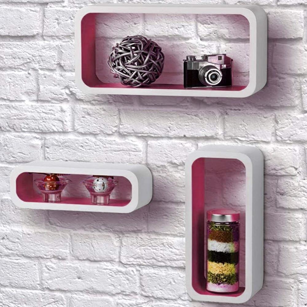 3 Mensole Parete Moderne Design Cubo Ovale Mensola Scaffale Legno Fuxia ...