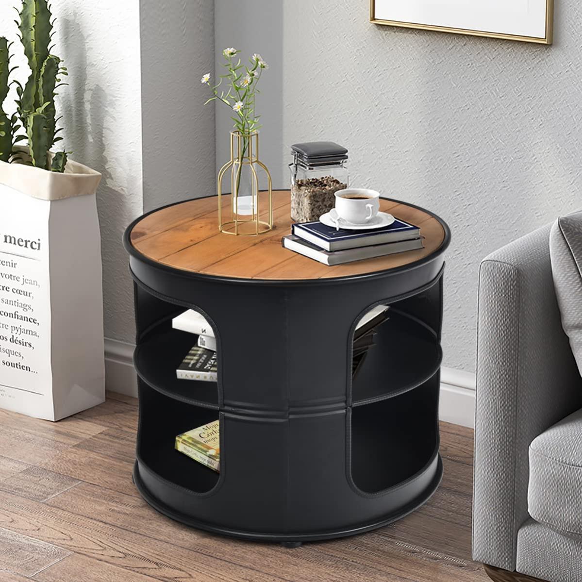 Table basse ronde avec structure en métal, etagères de rangement à 3 ...