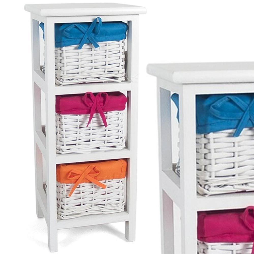 Mobile Bagno 3 Cassetti Mobiletto in Legno Cestini Tessuto Bianco 23 x ...