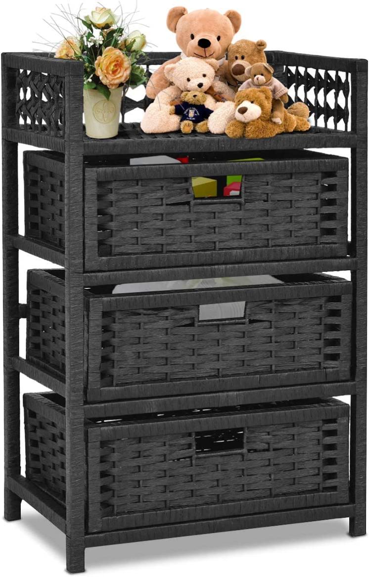 Commode en bois et en corde d’osier 42,5x26x66 cm avec 3 tiroirs et 1 ...