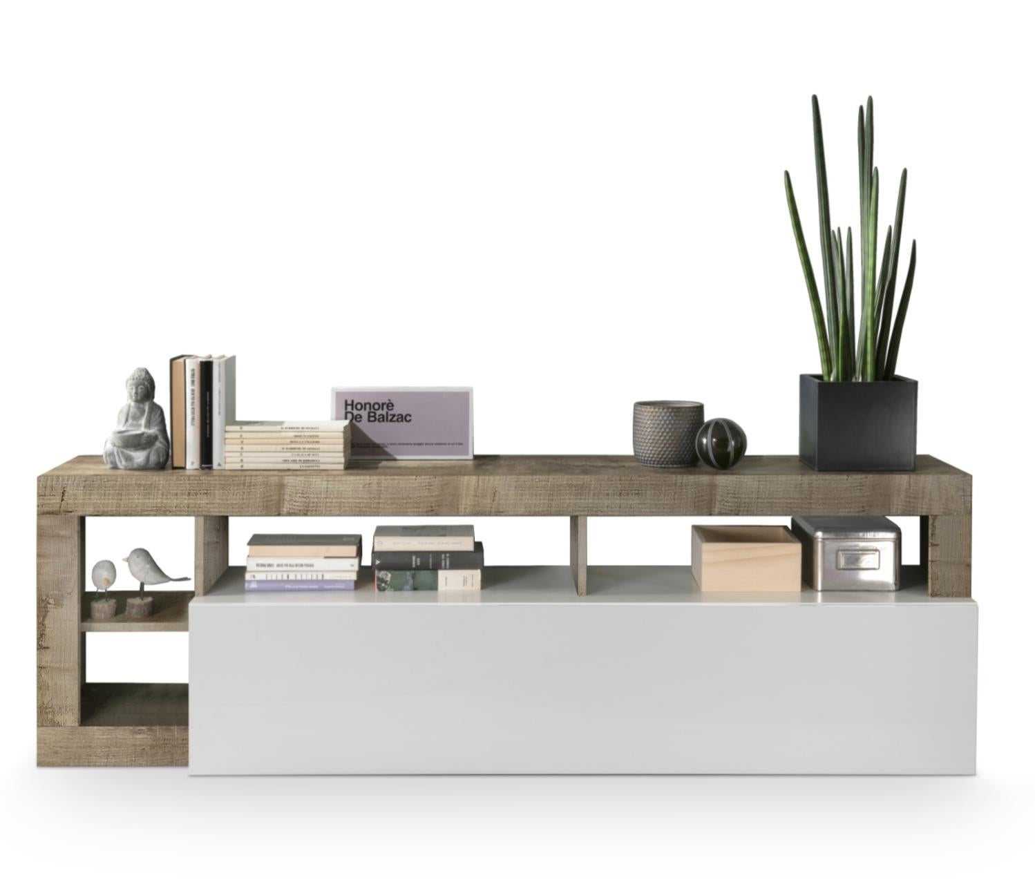 Meuble TV 1 porte coloris blanc brillant, poirier - Longueur 184 x ...