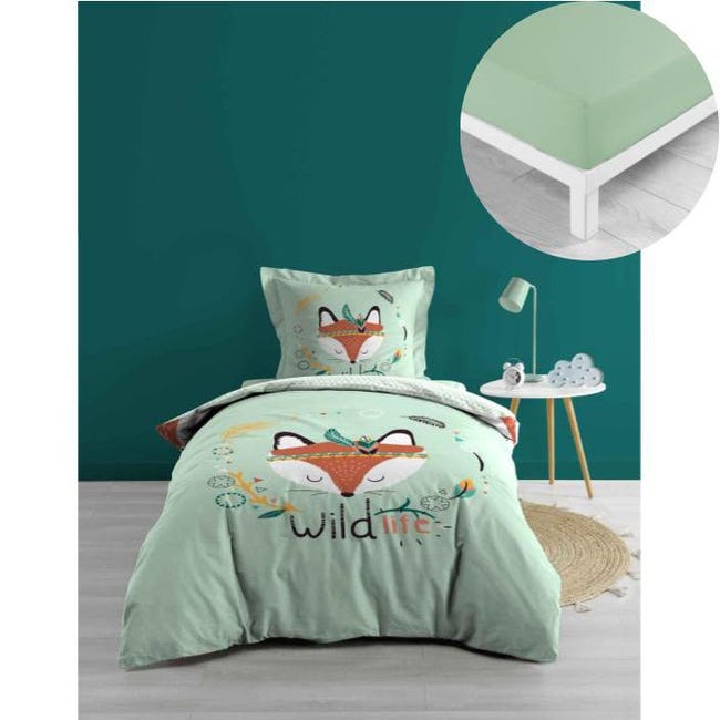 Pack Parure De Couette Enfant 140x200 Cm Renardeau Drap Housse 90x190