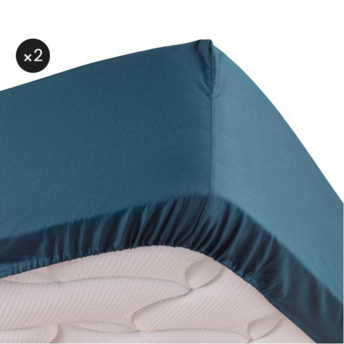 Lot de 2 Draps housse bleu 160 x 200 cm en percale bonnet de 30 cm ...