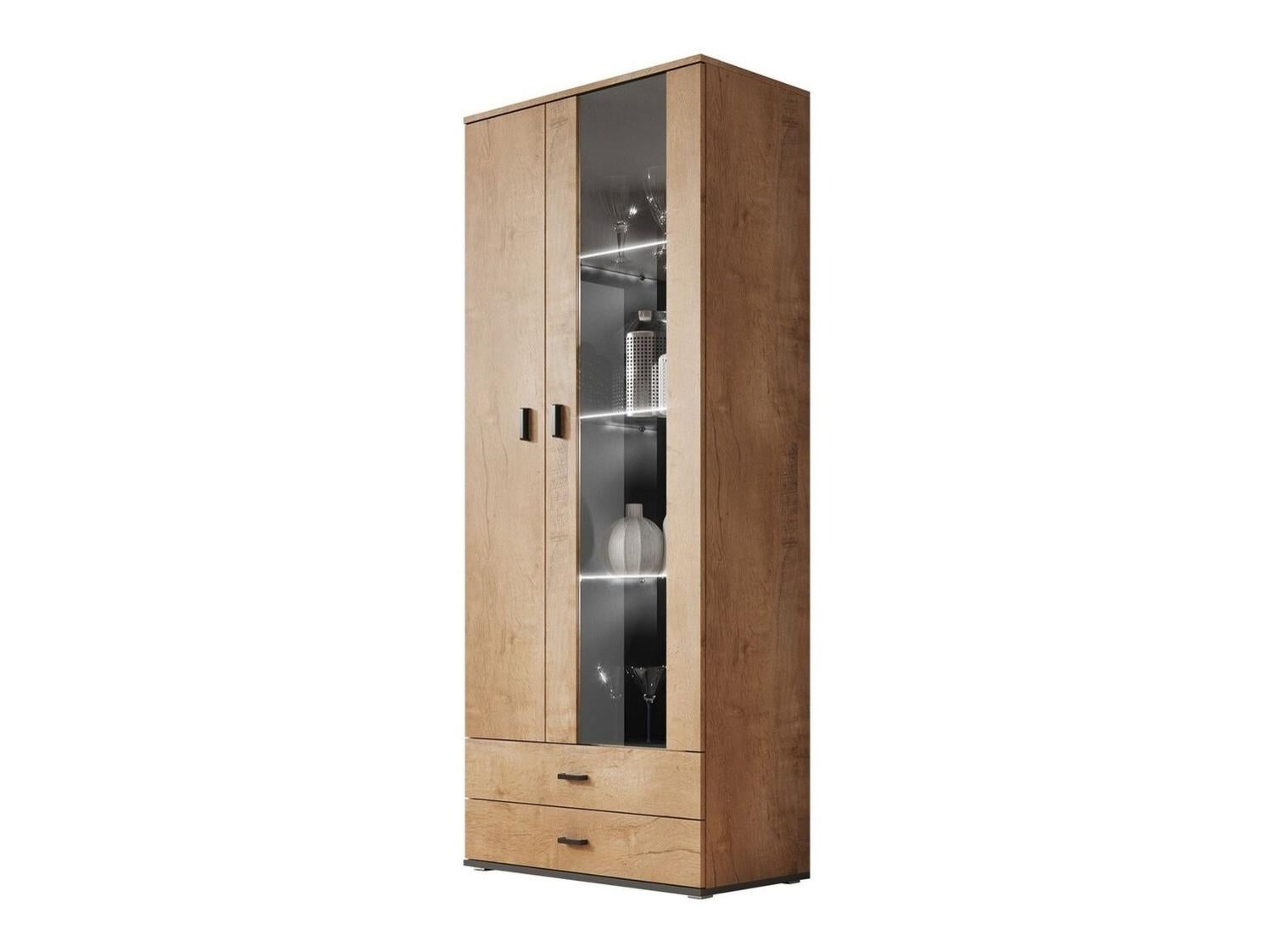 Vitrina Charlotte E105, Lefkas roble, Negro, Con puertas, Con cajones ...