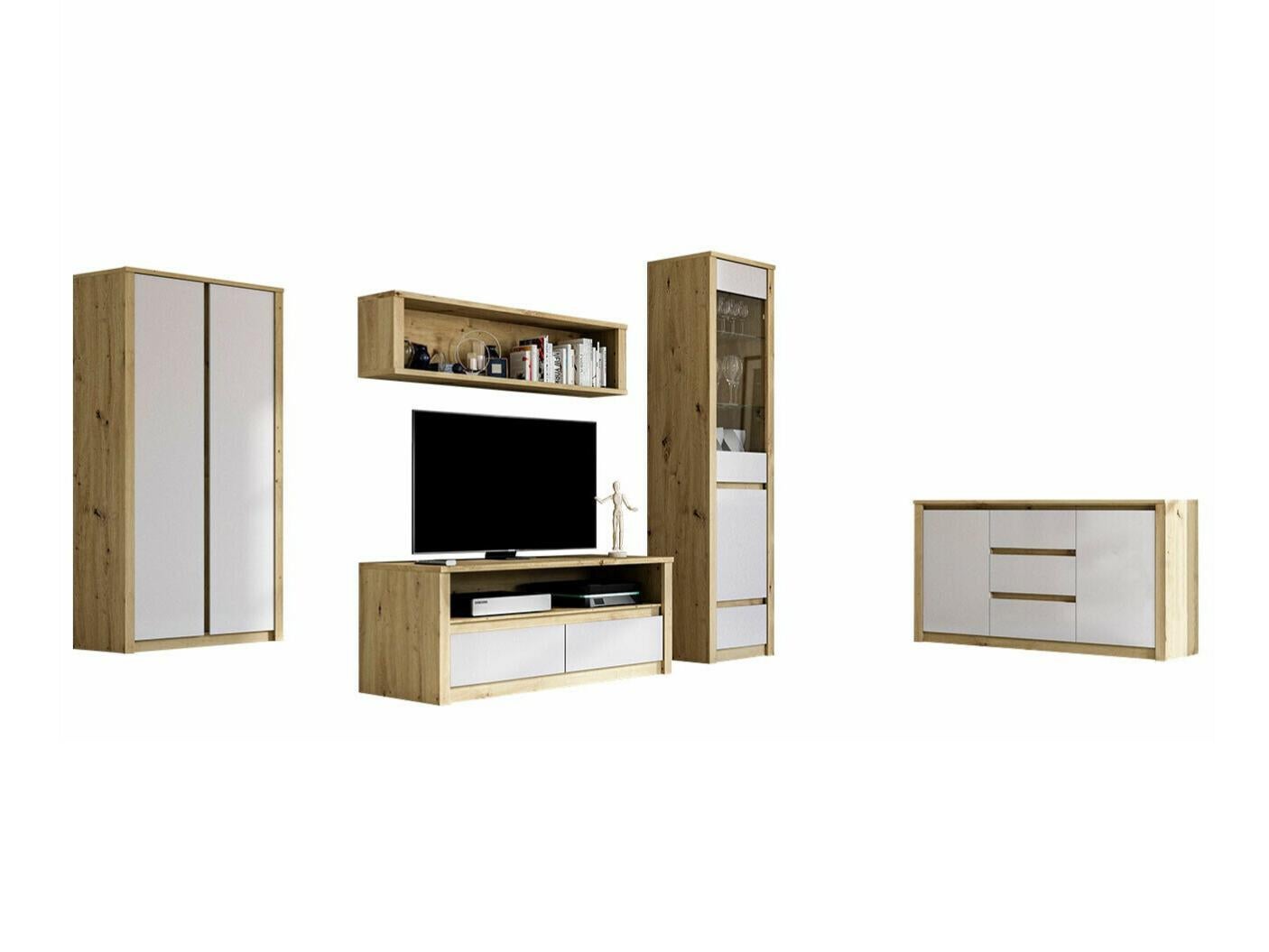 Set mobili soggiorno Parma C108, Bianco, Rovere Artisan, Con accessori ...