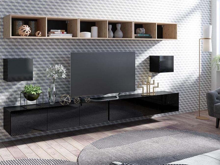 Set mobili soggiorno Providence B152, Rovere Artisan, Nero lucido, Nero ...