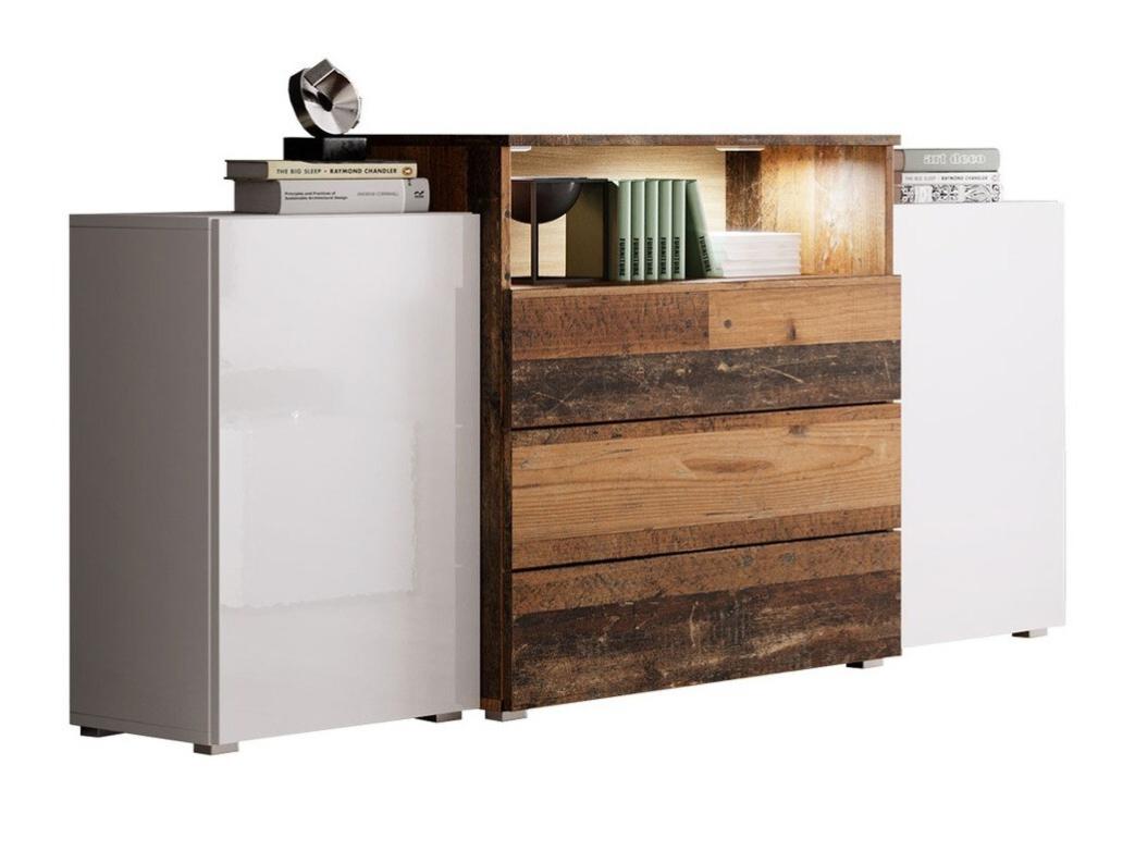 Commode Sarasota 127, Blanc brillant, Blanc, Arbre âgé, Avec tiroirs et ...