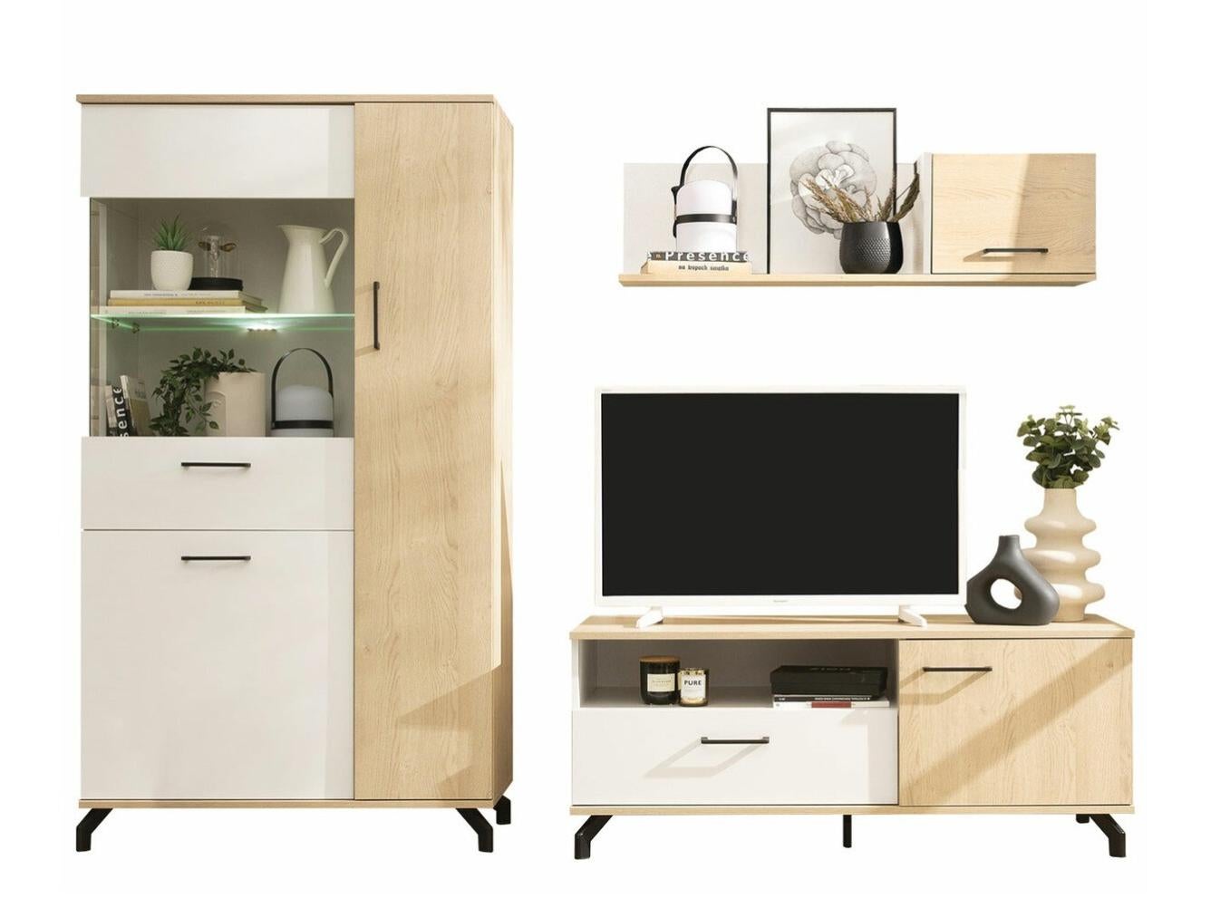 Set mobili soggiorno Omaha S118, Rovere chiaro, Bianco, Con singole ...