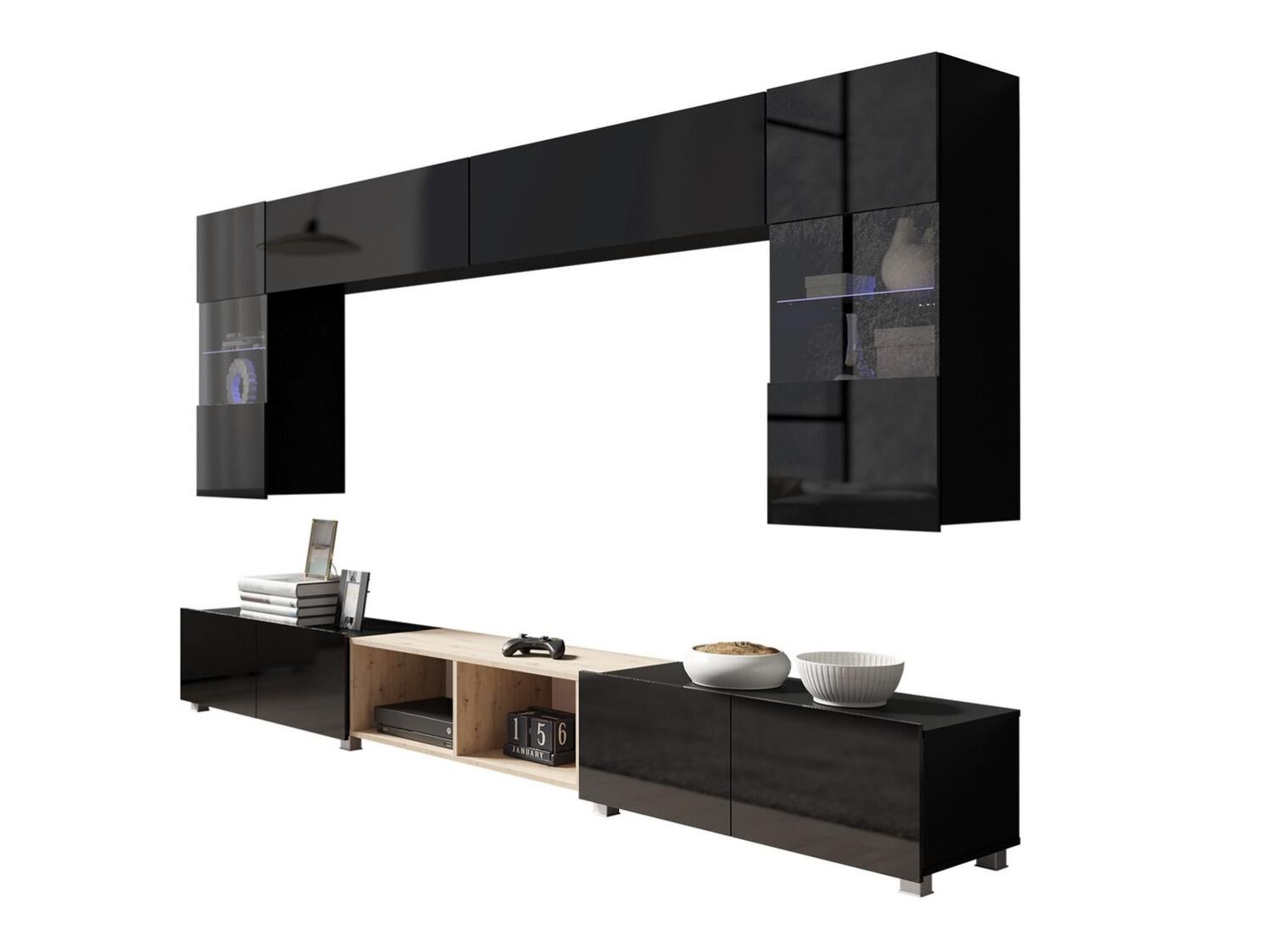Set mobili soggiorno Providence B142, Nero lucido, Rovere Artisan, Nero ...