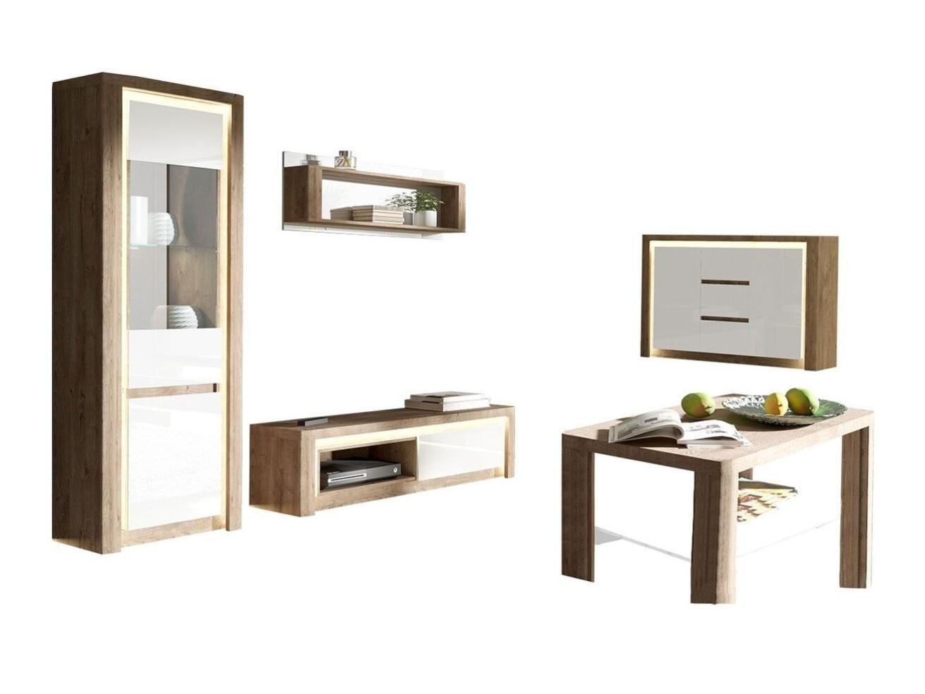 Set mobili soggiorno Stanton G117, Ribbeck quercia, Bianco lucido, Con ...